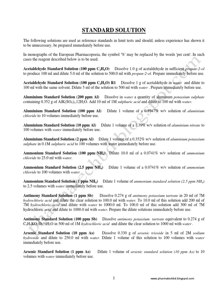 Standard Solution | PDF | Mass Concentration (Chemistry) | Solution
