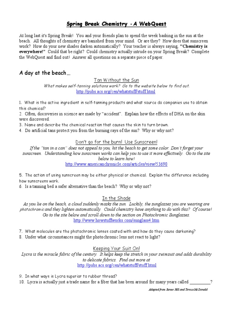 Spring Break Chemistry | PDF | Sunscreen | Sunglasses