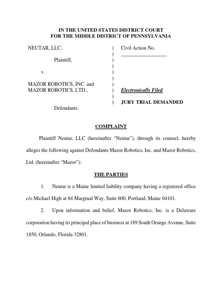 Neutar v. Mazor Robotics Et. Al. | PDF | Patent Infringement | Lawsuit