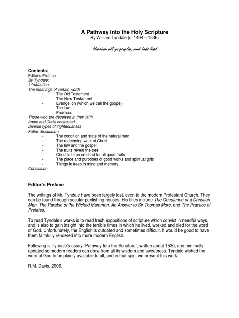 A Pathway Into The Holy Scripture, by William Tyndale | PDF | Grace In ...