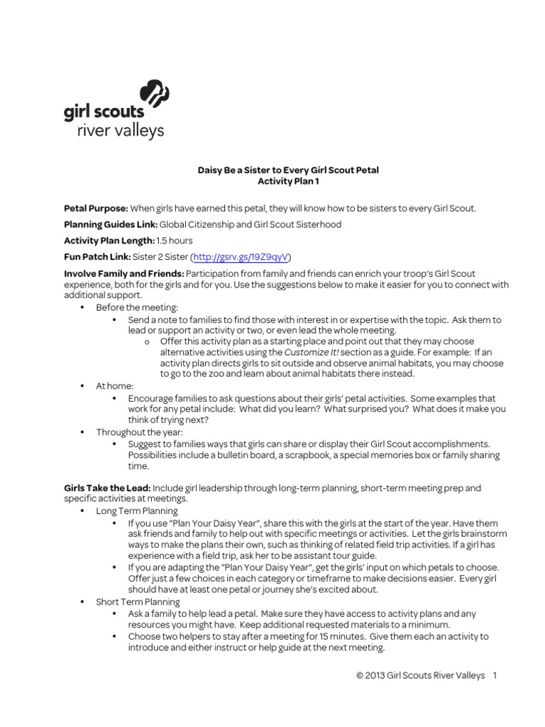 Activity Plan Daisy Petal Vi Be A Sister To Every Girl Scout | PDF ...