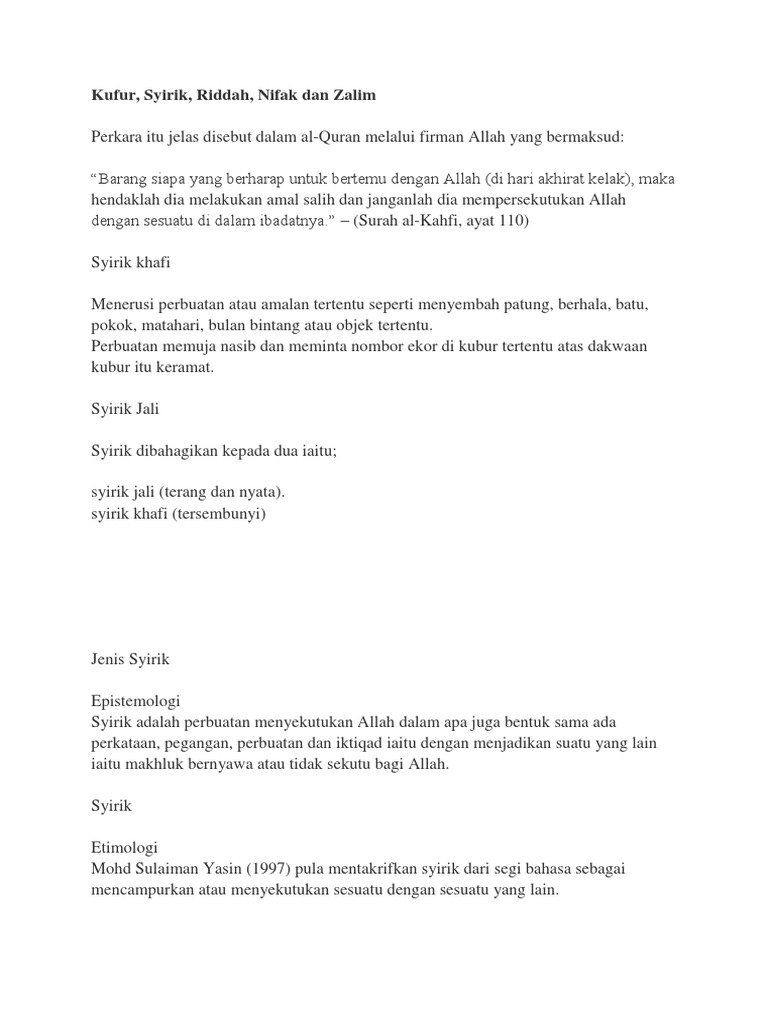 Perbezaan Kufur, Syirik, Riddah DLL | PDF