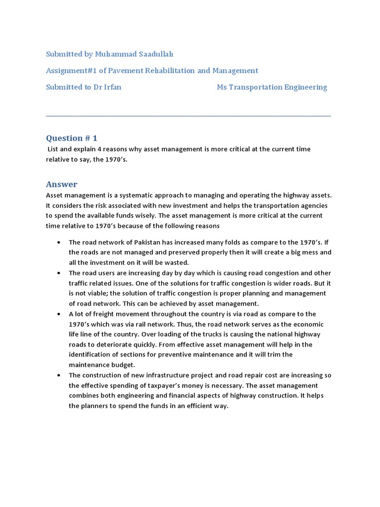 Pavement Rehabilitation Assignment #1 | PDF | Road Surface | Asset Management