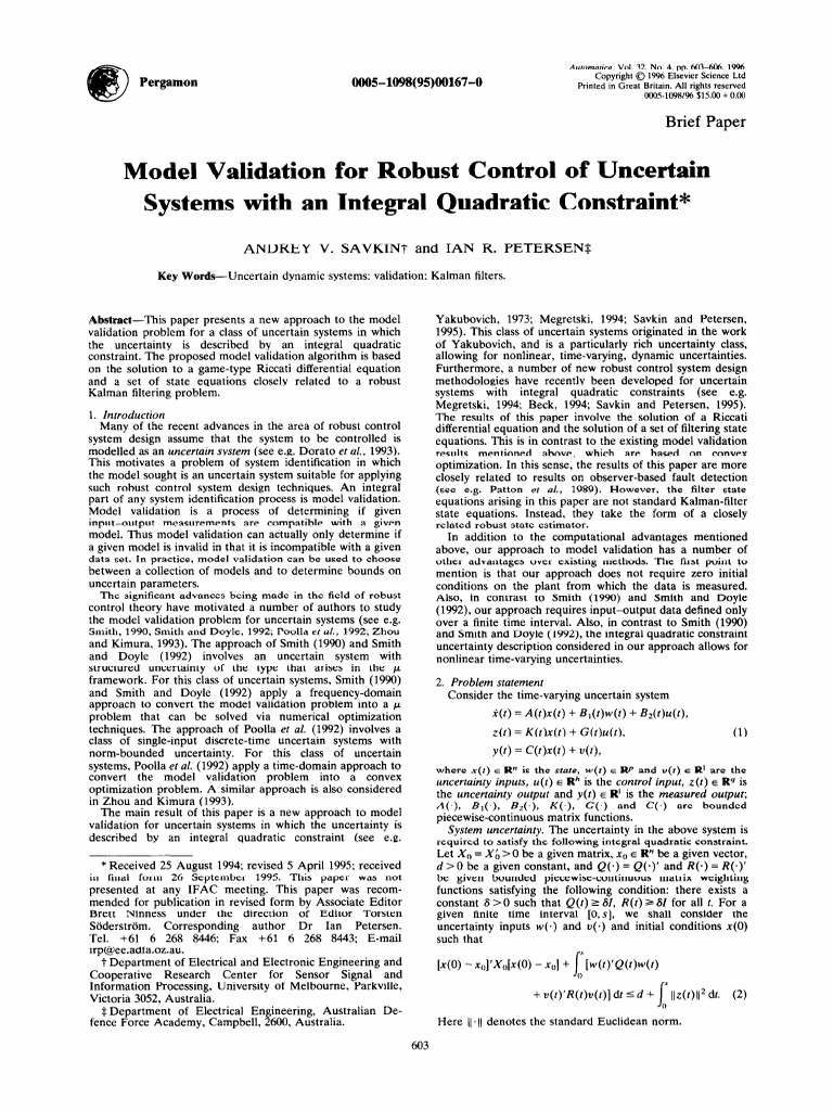 Model Validation For Robust Control of Uncertain Systems With An Integral Quadratic Constraint ...