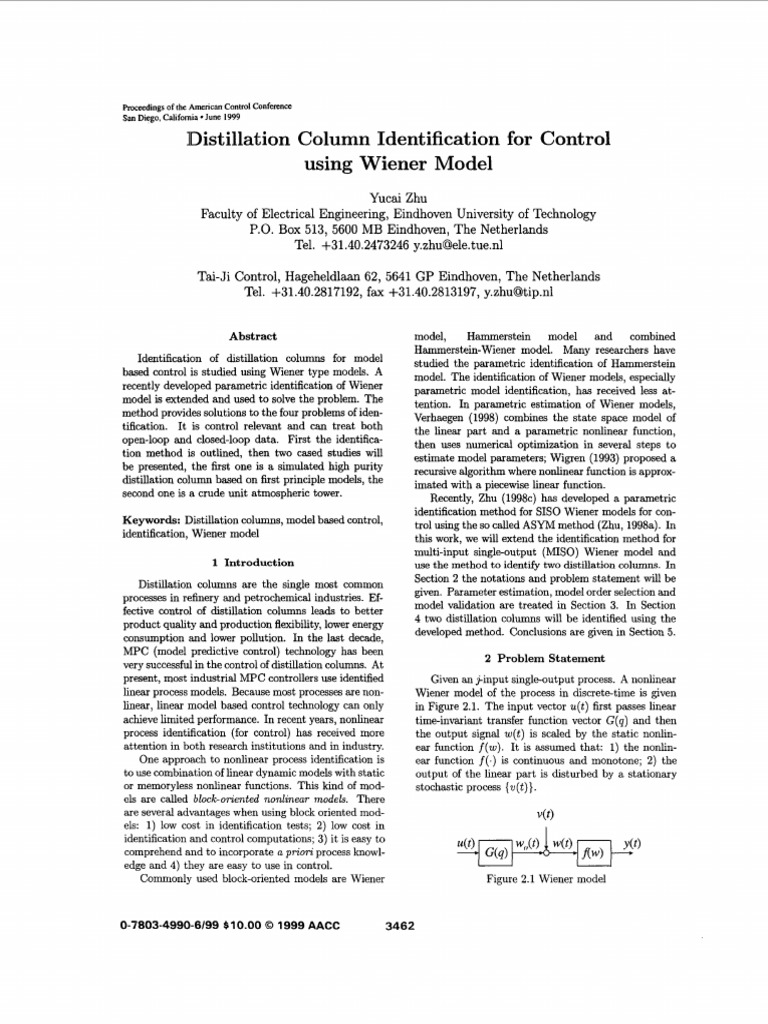 Distillation Column Identification Control Using Wiener Model | PDF | Least Squares | Nonlinear ...
