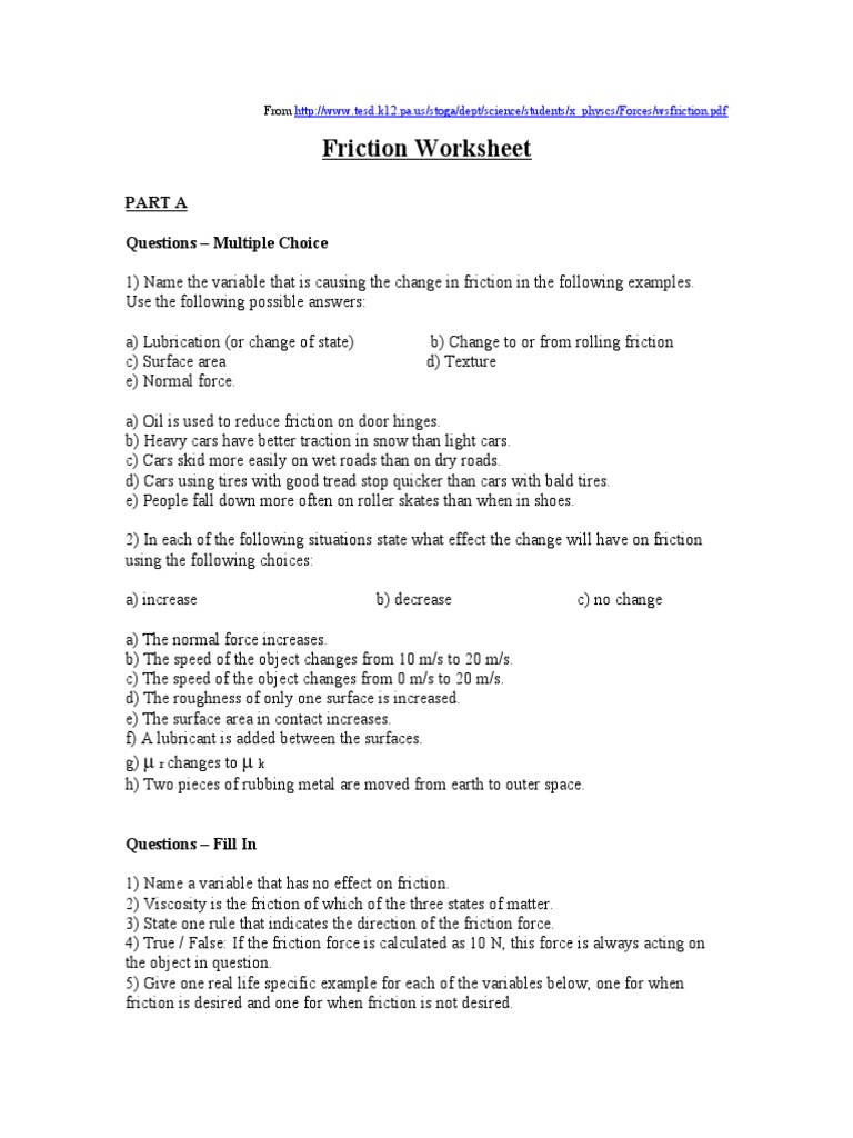 Friction Worksheet: Part A Questions - Multiple Choice | PDF | Friction ...
