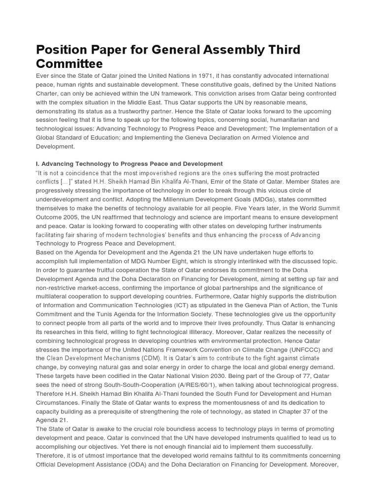 Position Paper For General Assembly Third Committee | PDF | Qatar ...