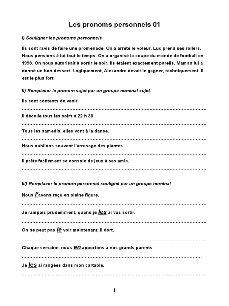 Les Pronoms Personnels 01 | PDF