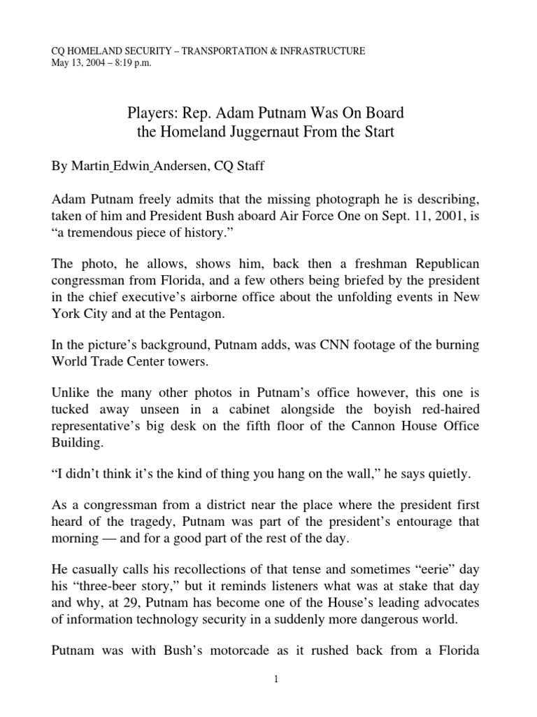 Players: Rep. Adam Putnam Was On Board The Homeland Juggernaut From The ...