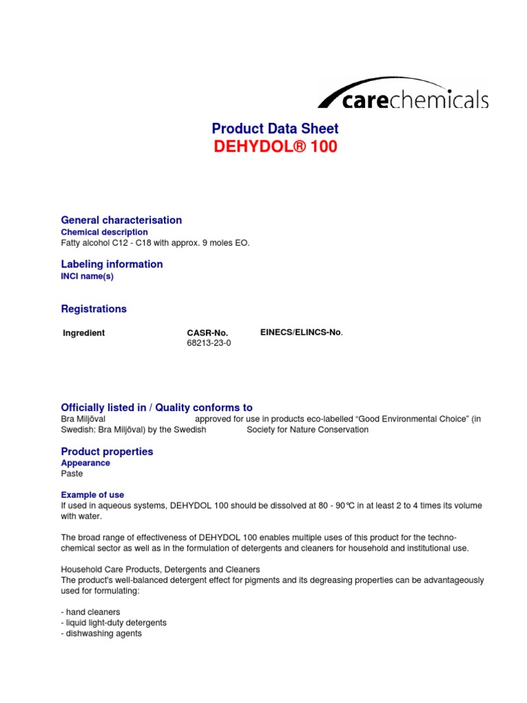 Dehydol 100 PDF | PDF | Detergent | Surfactant