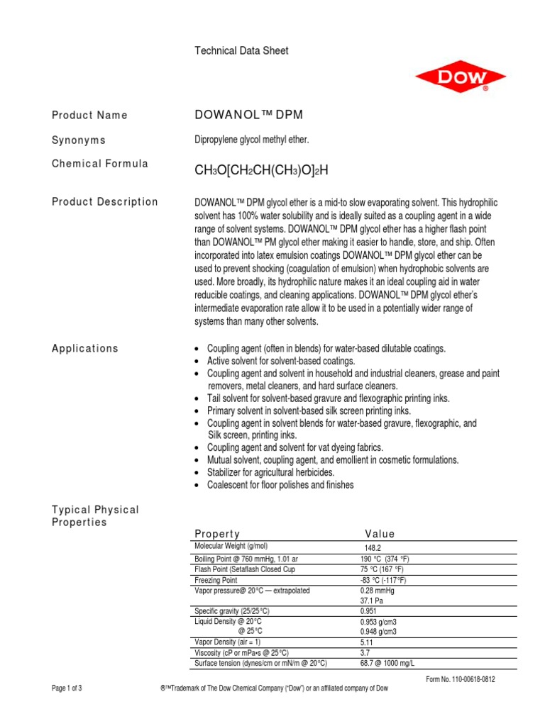 Dowanol DPM PDF | PDF | Solvent | Dow Chemical Company