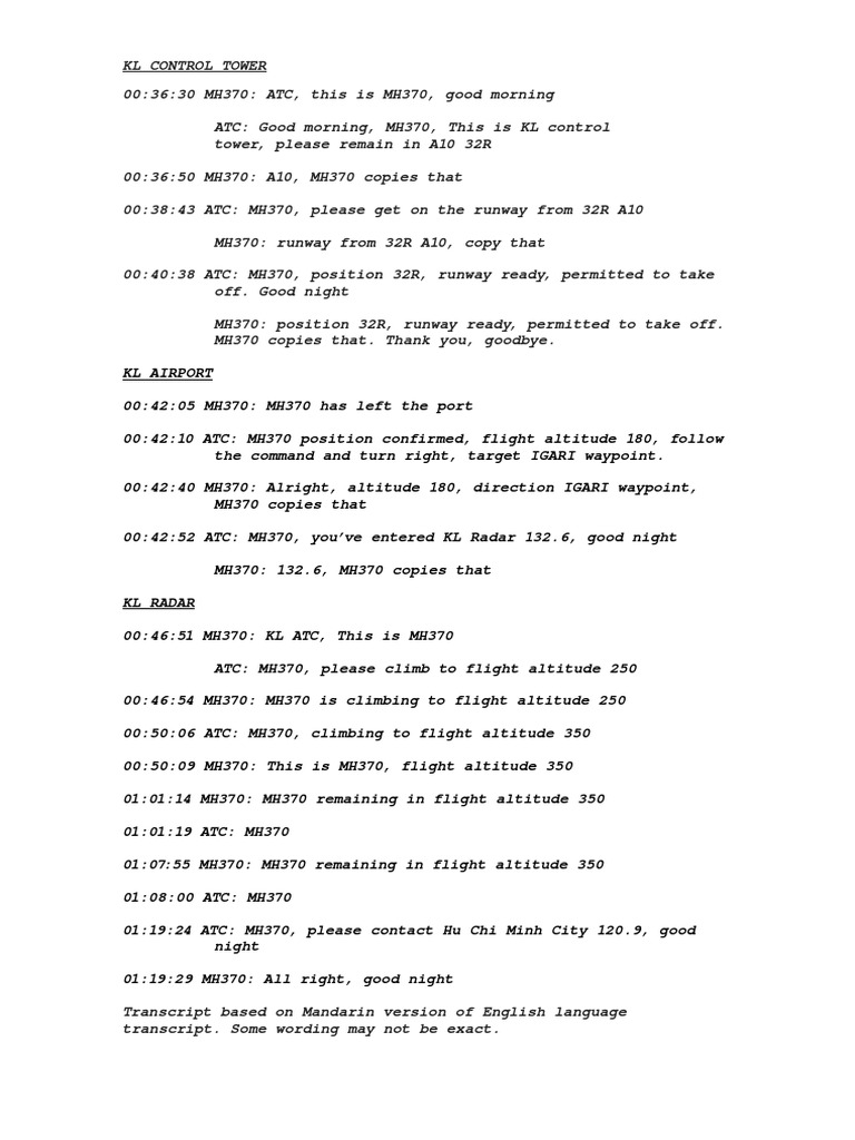 Flight MH370 Cockpit Transcript | PDF