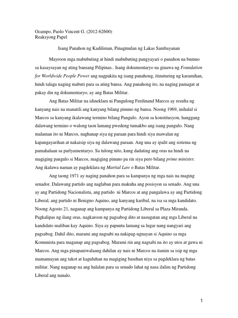 Batas Militar Reaction Paper