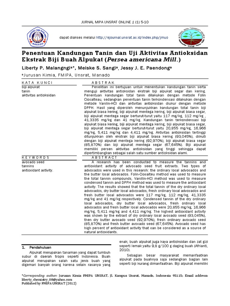 Penentuan Kandungan Tanin Dan Uji Aktivitas Antioksidan Ekstrak Biji Buah Alpukat (Persea ...