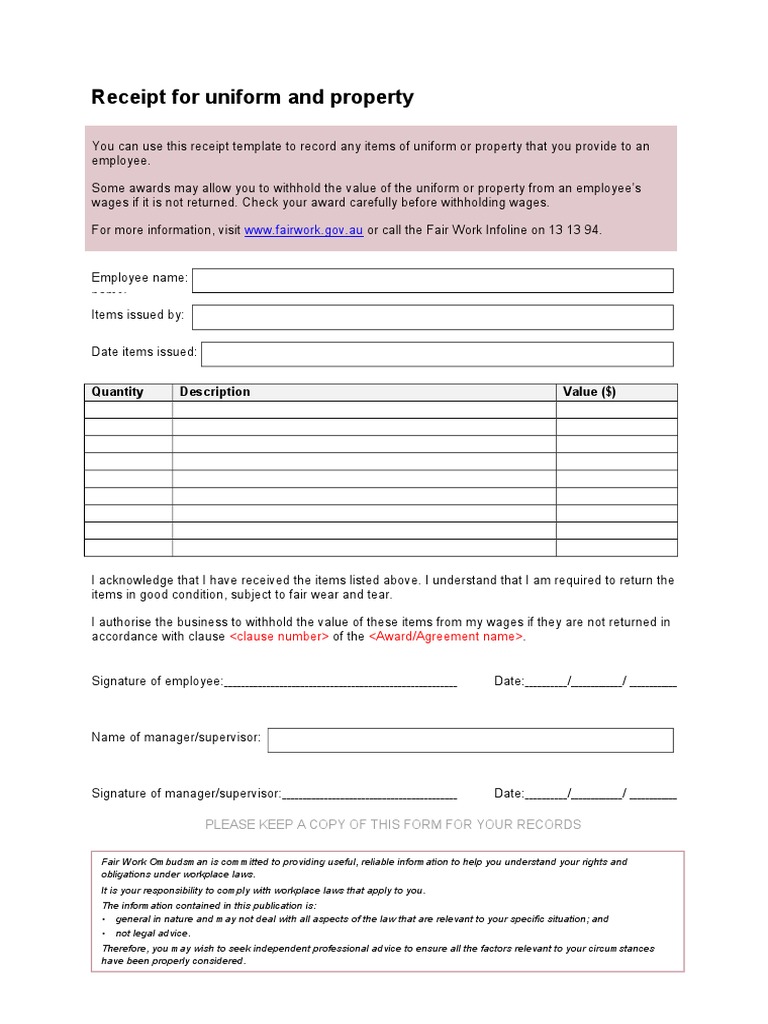 Uniform Receipt Acknowledgement Template | PDF
