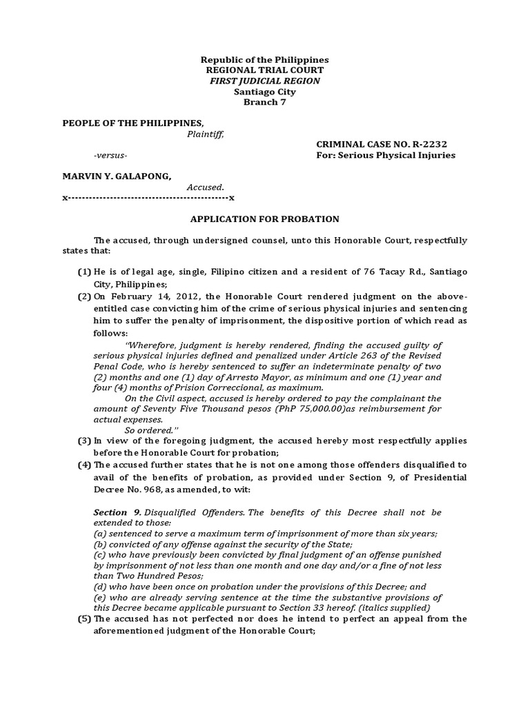 Application For Probation | PDF | Sentence (Law) | Probation