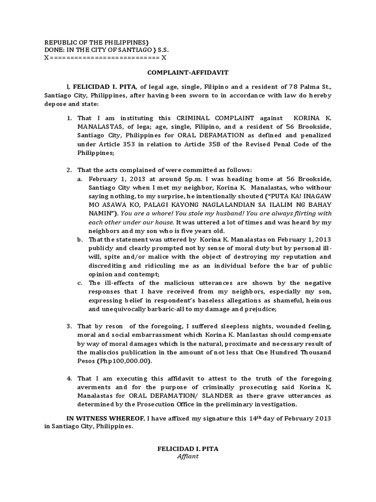 Complaint-Affidavit For Oral Defamation | PDF | Defamation | Crime ...
