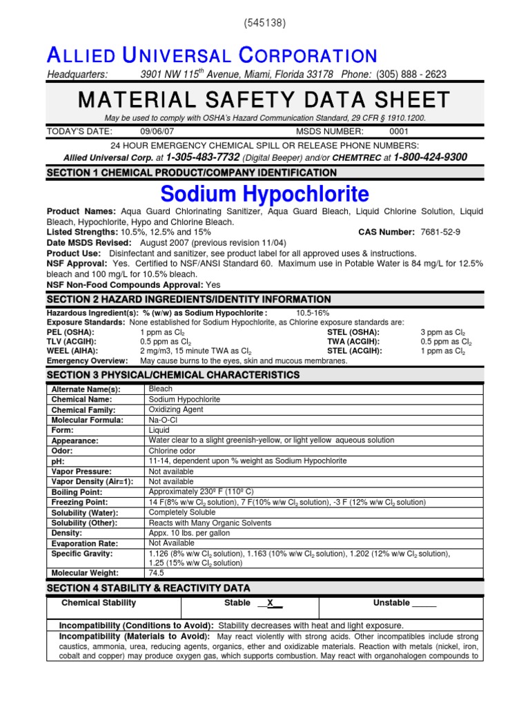 Msds Naclo (2) | Chlorine | Personal Protective Equipment
