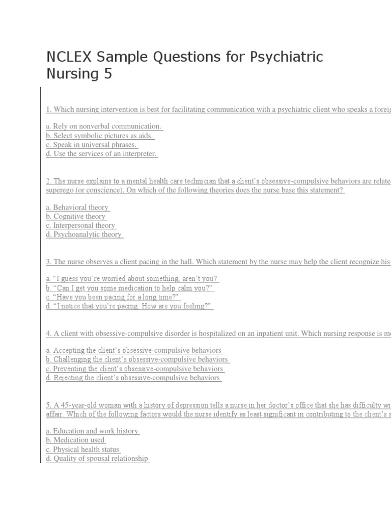 NCLEX Psychiatric Nursing Practice Questions | PDF | Anxiety ...