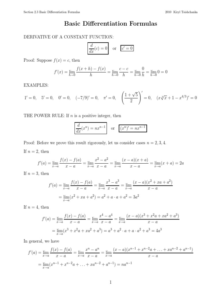Basic Differentiation Formulas