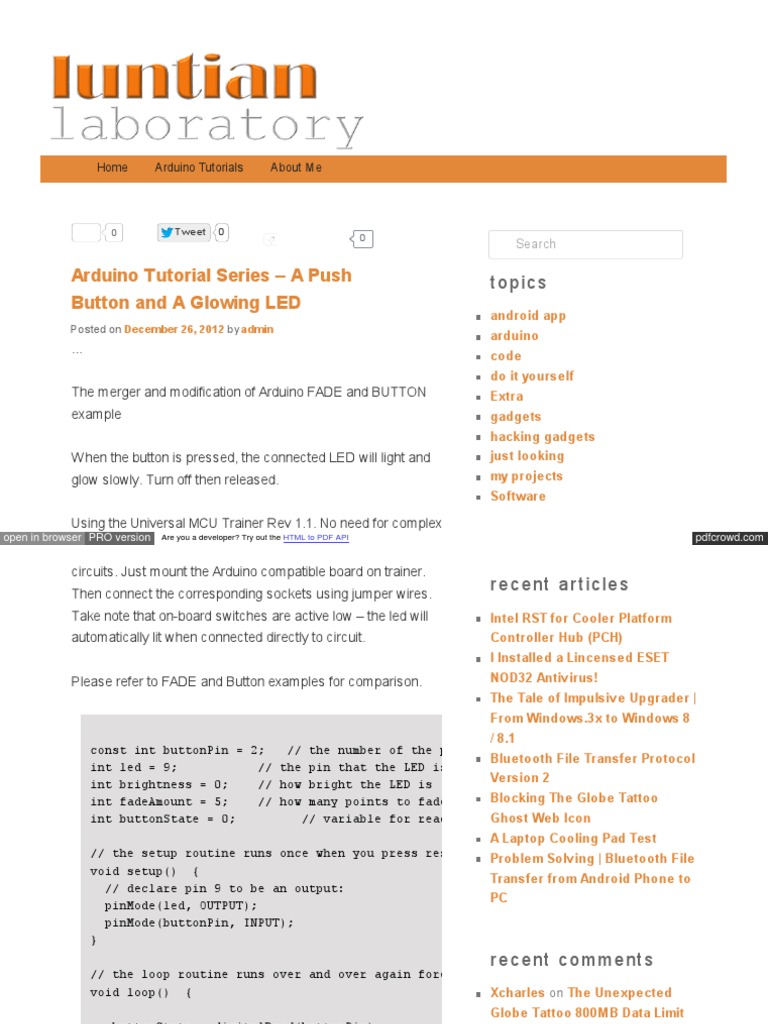 Arduino Tutorial Series - A Push Button and A Glowing LED: T Opics | PDF | Arduino | Android ...