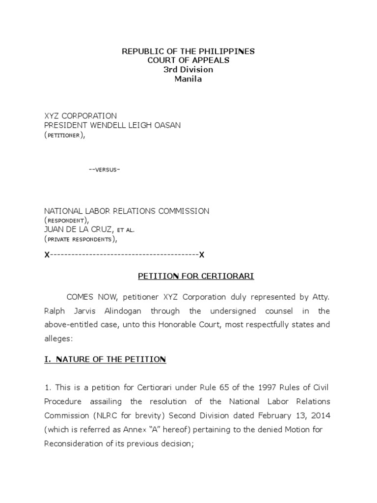 Petition For Certiorari Under Rule 65 Sample | PDF | Living Wage ...