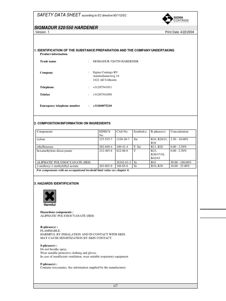 SIGMADUR 520/550 Hardener SDS | PDF | Carbon Dioxide | Firefighting