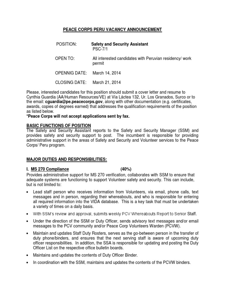 Safety and Security Assistant Vacancy | PDF | Peace Corps | Volunteering