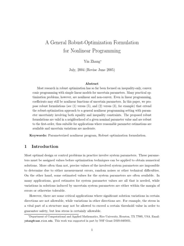 Zhang - A General Robust-Optimization Formulation For Nonlinear Programming | PDF | Nonlinear ...