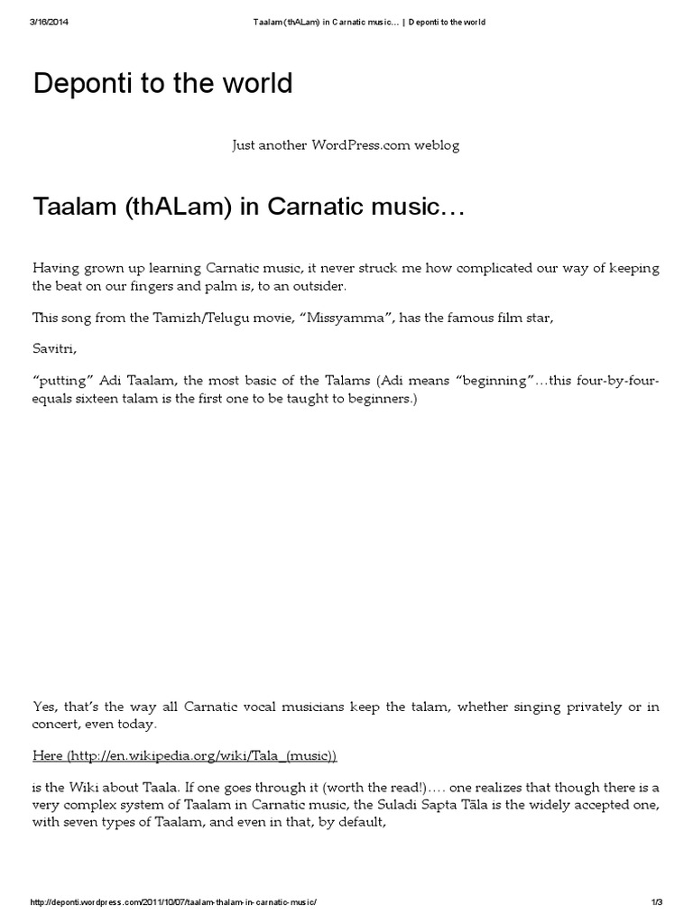 108 Thaalam-Taalam (thALam) in Carnatic Music - Deponti To The World ...