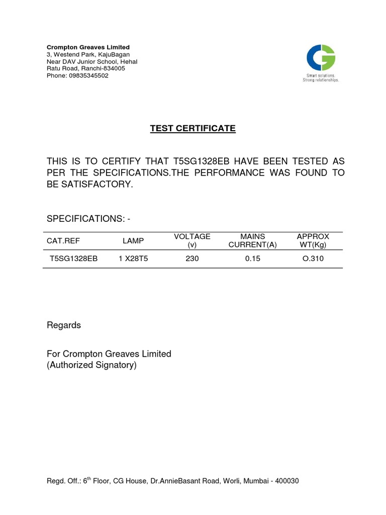 Crompton Greaves Test Certificate | PDF