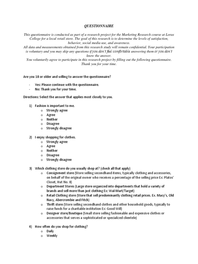 Final Marketing Research Questionnaire | PDF | Retail | Clothing