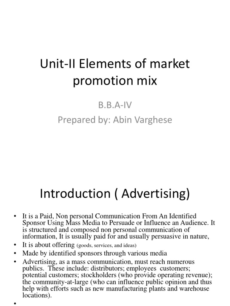 Unit-II Elements of Market Promotion Mix | PDF | Sales | Promotion ...