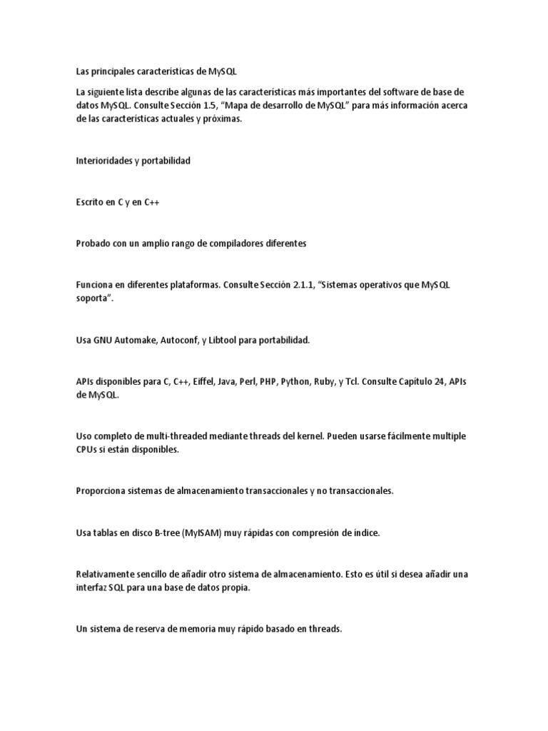 Las Principales Características de MySQL | Descargar gratis PDF | Mi sql | SQL