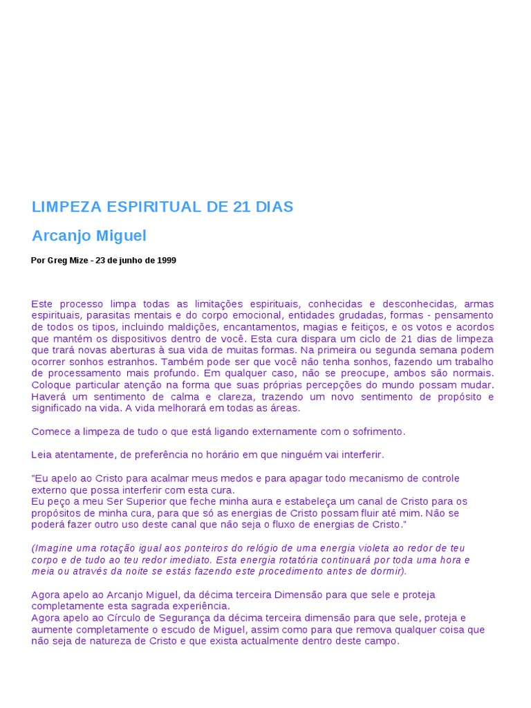 LIMPEZA ESPIRITUAL DE 21 DIAS - Arcanjo Miguel Por Greg Mize | PDF ...