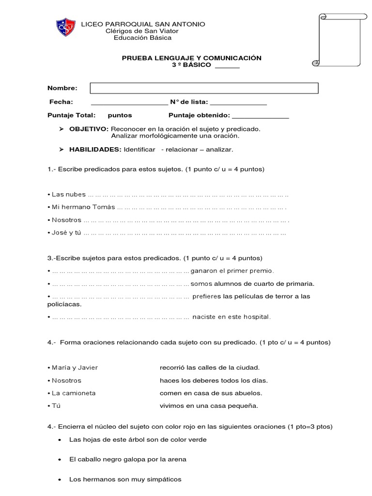 Prueba de Sujeto y Predicado | PDF | Artes del Lenguaje y Comunicación