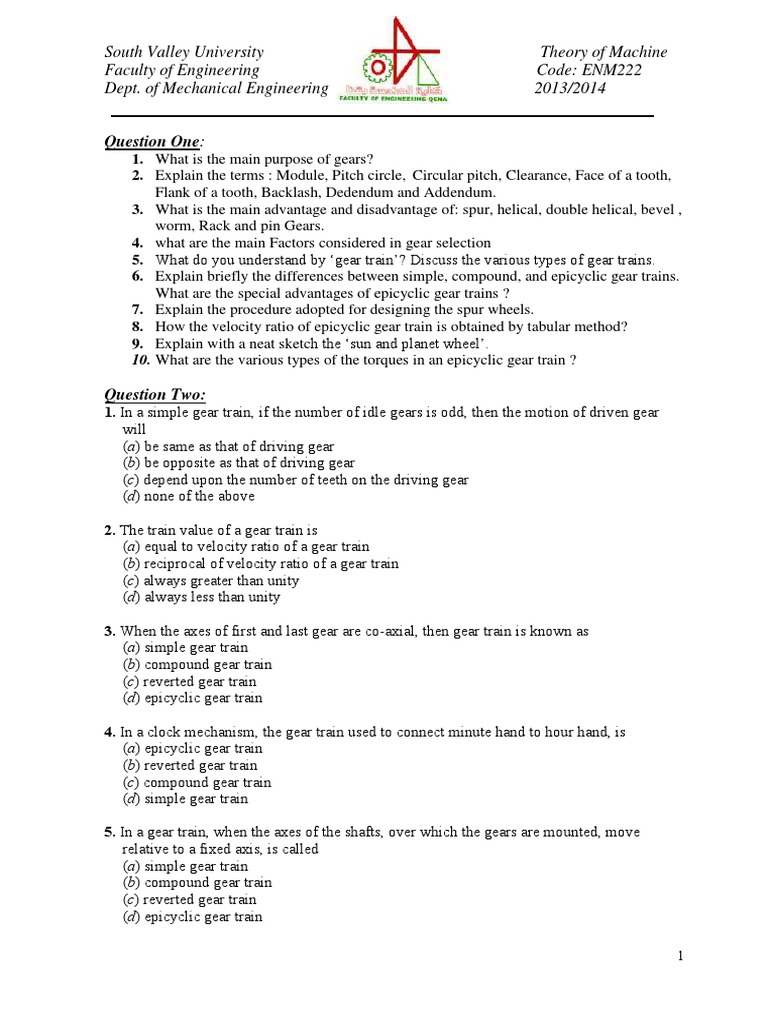 Theory of Machines - Sheet1 | PDF | Gear | Kinematics