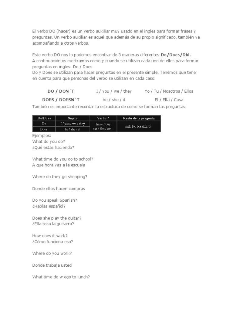 El Verbo DO y Does | PDF | Verbo | Asunto (gramática)