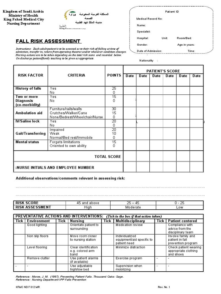 Fall Risk Assessment Guidelines | PDF