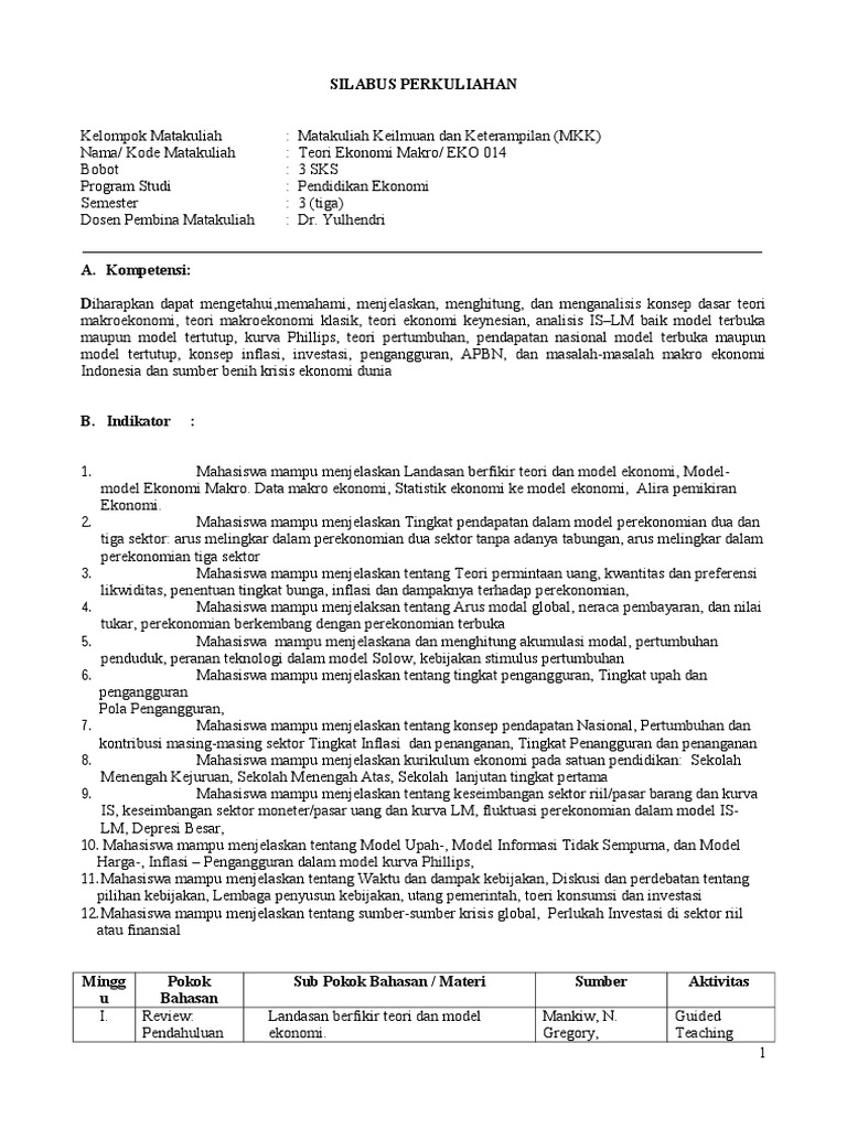 Silabus Teori Ekonomi Makro | PDF