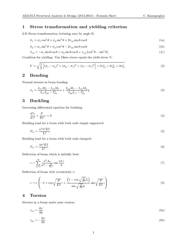 Structural Analysis Formula Sheet | PDF | Bending | Yield (Engineering)