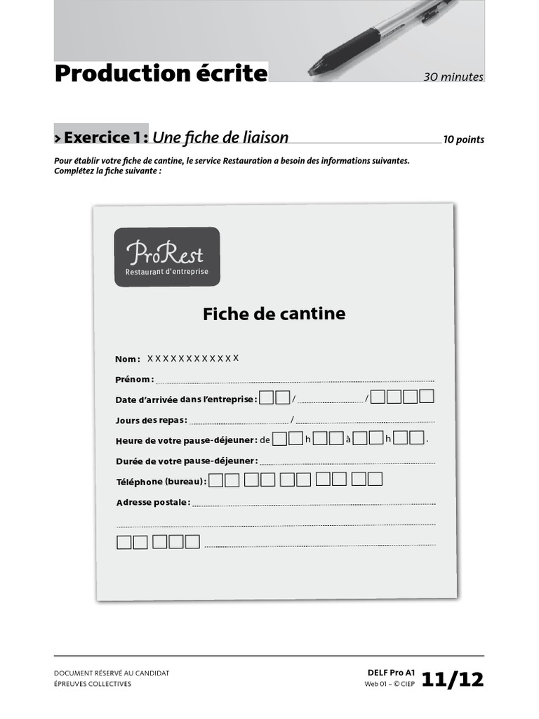 Delf Pro A1 Production Ecrite Exercice 1 | PDF