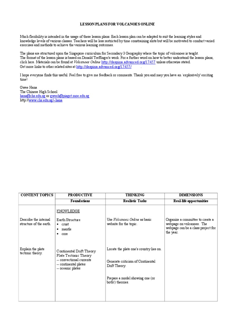 Lesson Plans For Volcanoes Online: Hana@chs - Edu.sg Gweeh@piaget - Moe ...
