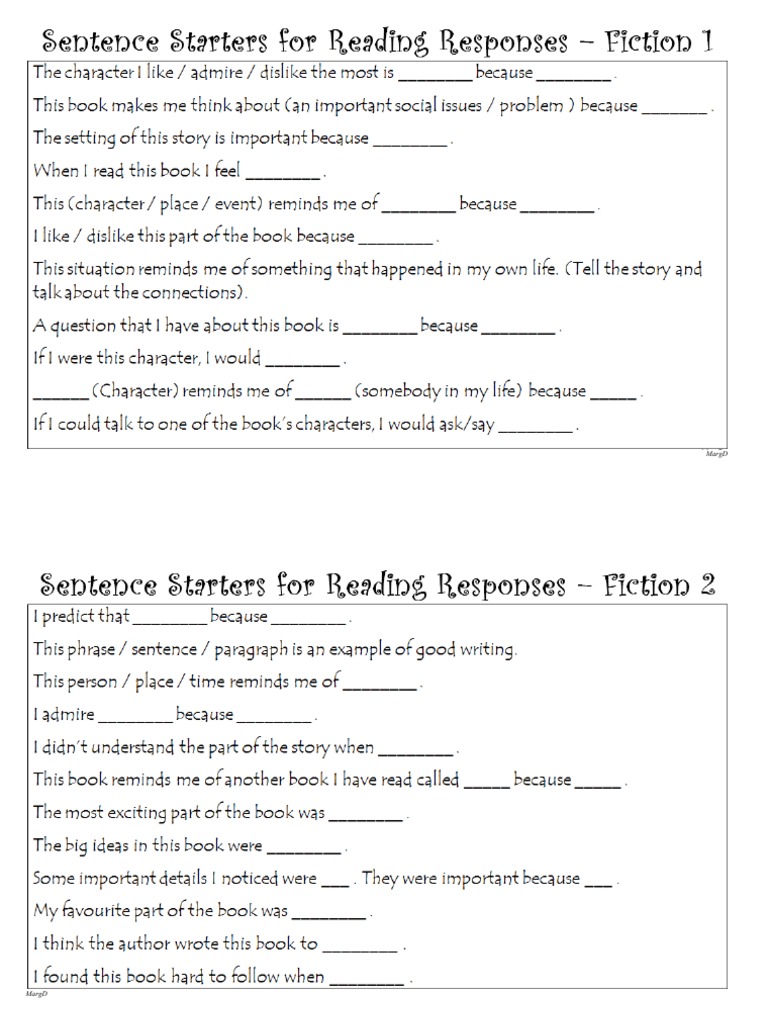 Sentence Starters For Reading Responses | PDF