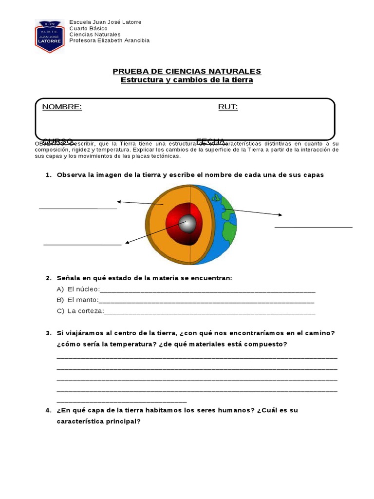 PRUEBA de CIENCIAS NATURALES. Estructura y Cambios de La Tierra | PDF