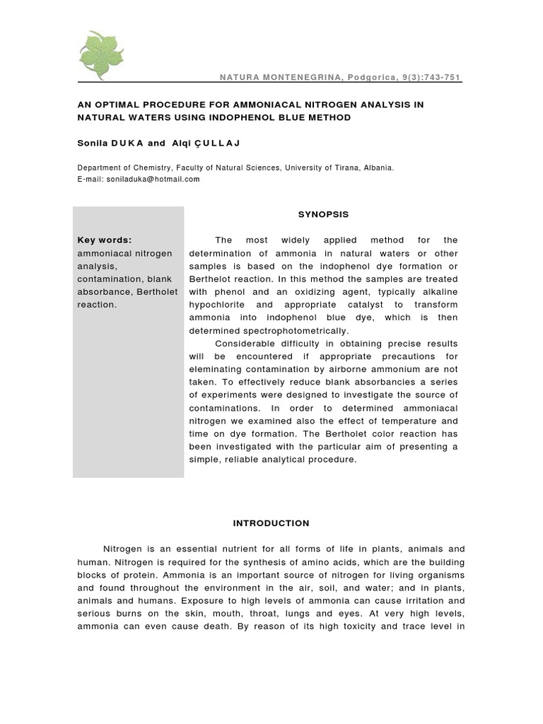 An Optimal Procedure For Ammoniacal Nitrogen Analysis in Natural Waters ...