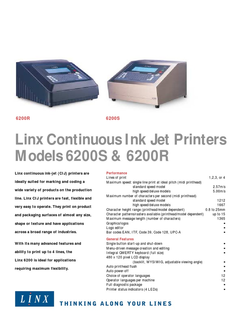 Linx Continuous Ink Jet Printers Models 6200S & 6200R: Performance ...