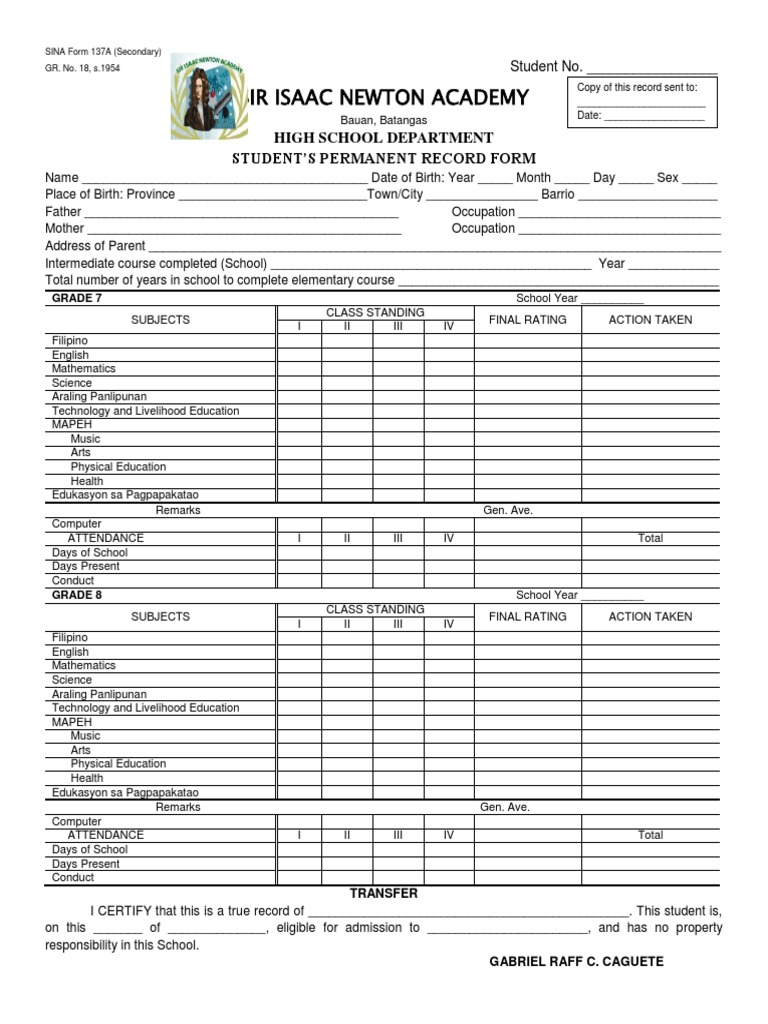 Sir Isaac Newton Academy: High School Department Student'S Permanent ...