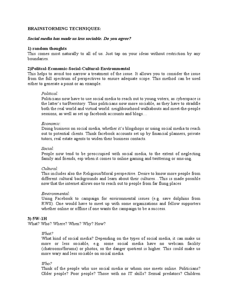 Brainstorming Techniques Handout | PDF | Social Media | Popular Culture ...