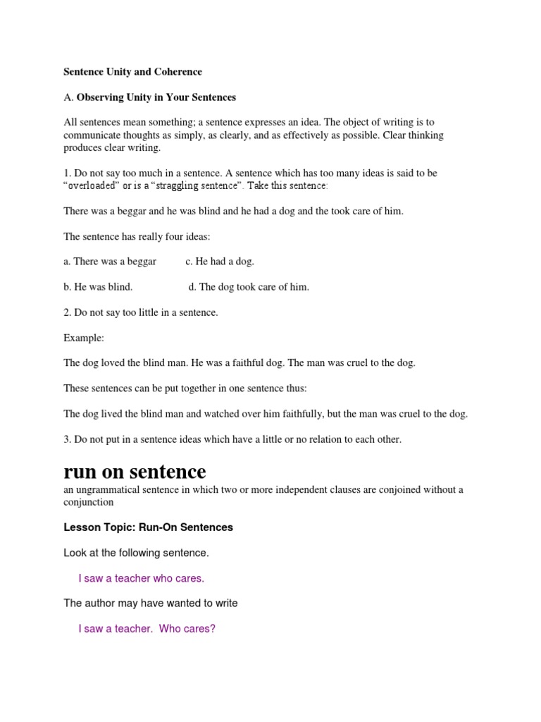Sentence Unity and Run Ons | PDF | Object (Grammar) | Sentence ...